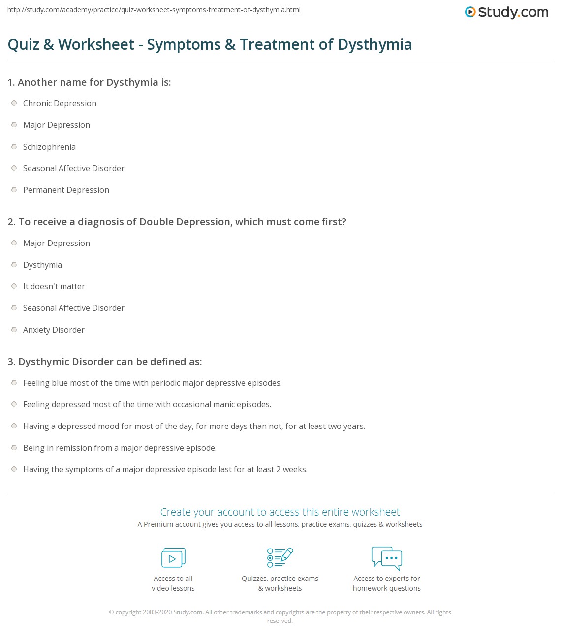 Quiz & Worksheet - Symptoms & Treatment of Dysthymia | Study.com