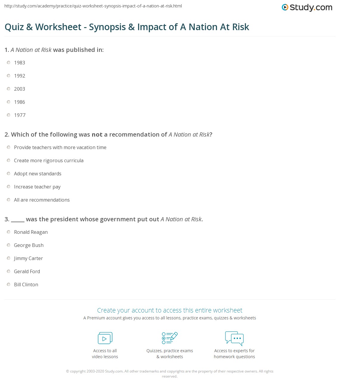 Quiz & Worksheet - Synopsis & Impact of A Nation At Risk | Study.com