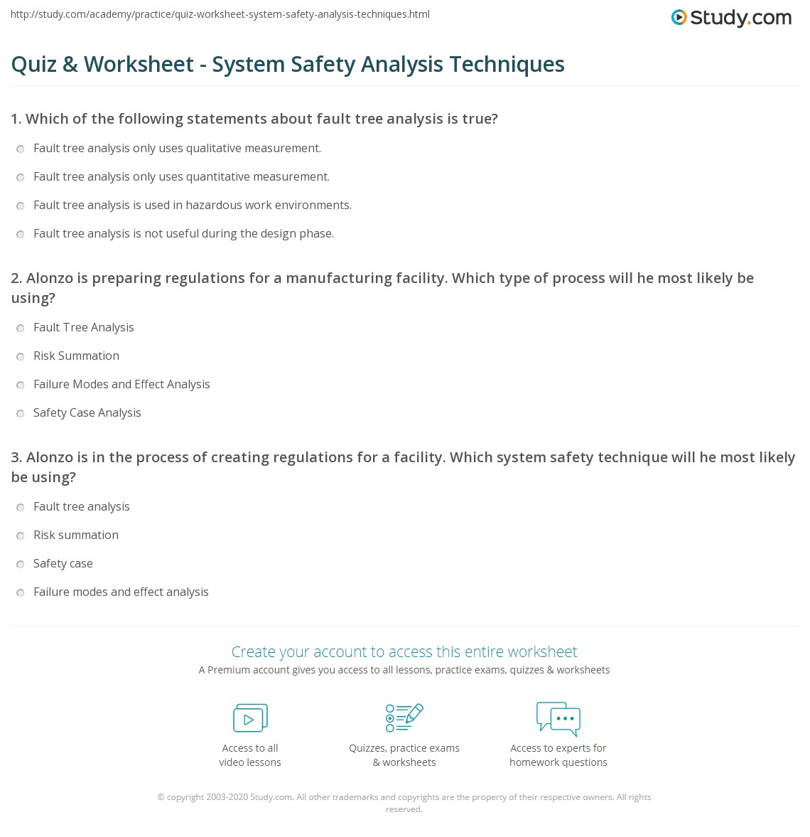 Quiz Worksheet System Safety Analysis Techniques Study Quiz Worksheet System Safety Analysis Techniques Study
