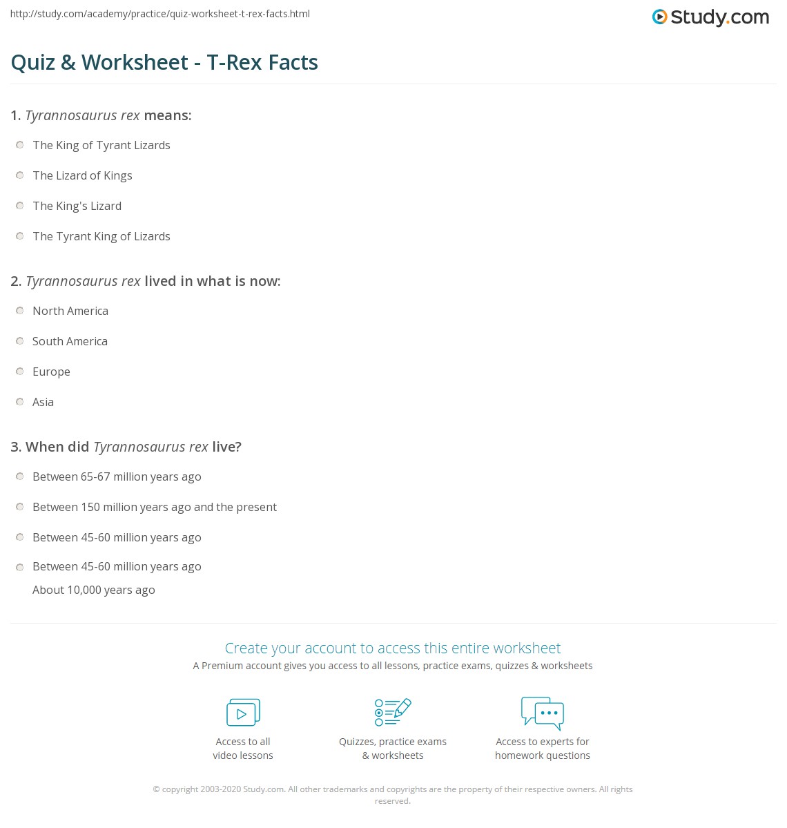 Quiz & Worksheet - T-Rex Facts | Study.com