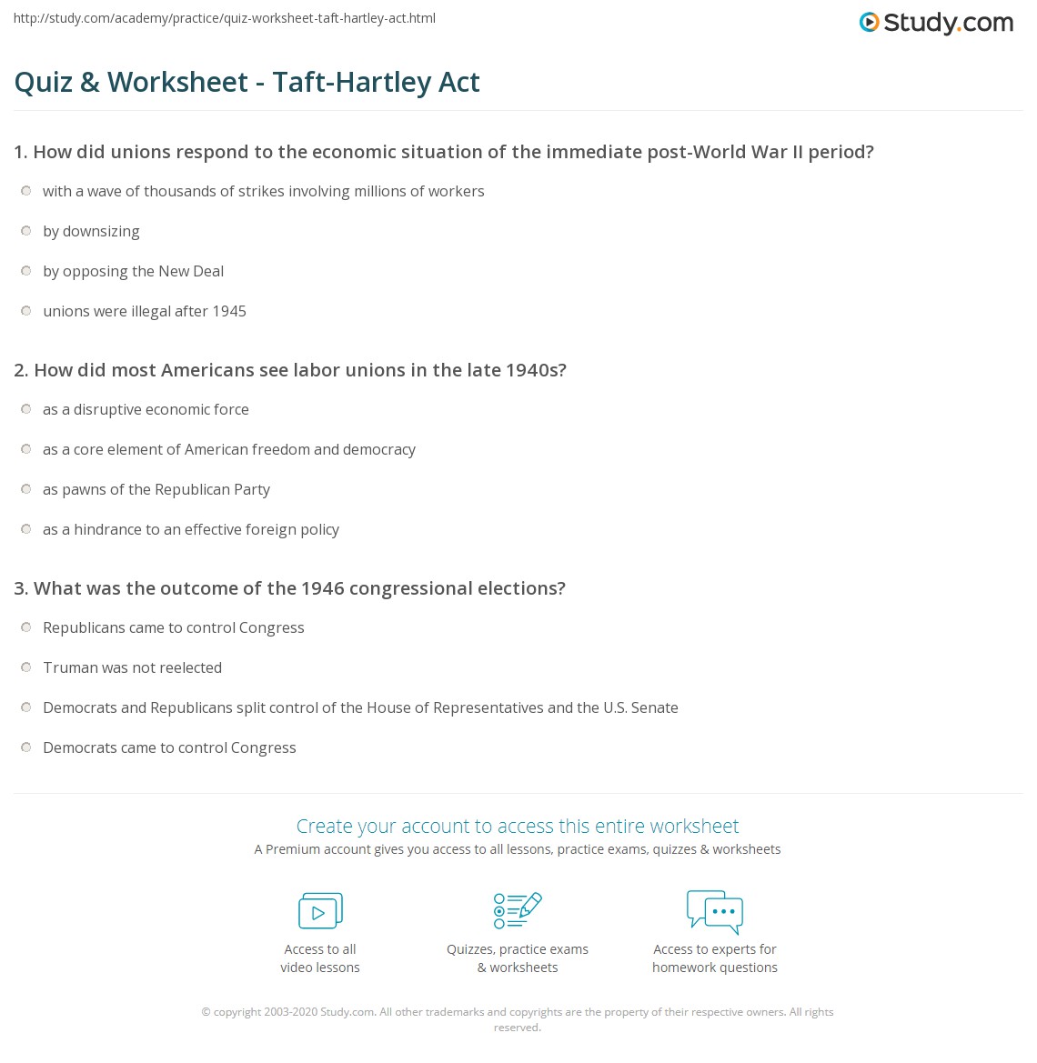 Quiz & Worksheet - Taft-Hartley Act | Study.com
