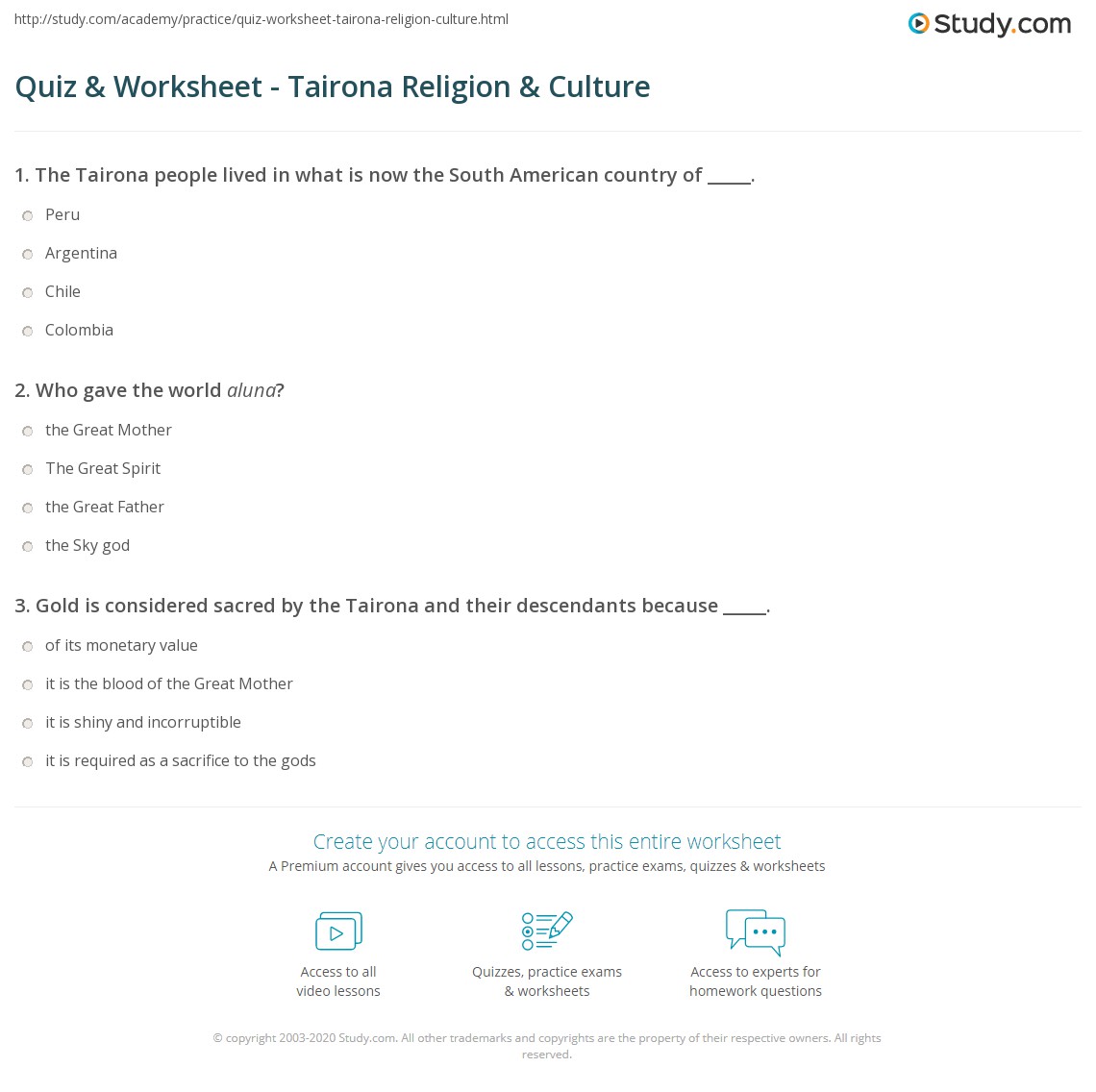 Quiz & Worksheet - Tairona Religion & Culture | Study.com