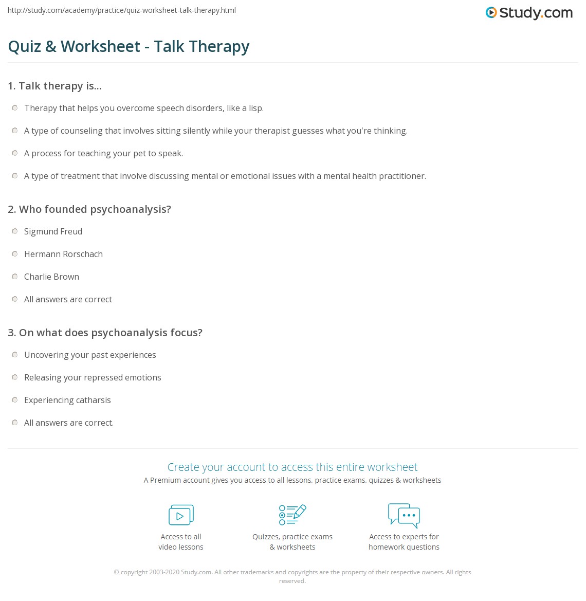 Quiz & Worksheet - Talk Therapy | Study.com