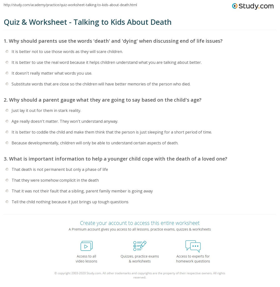 Quiz & Worksheet - Talking to Kids About Death | Study.com