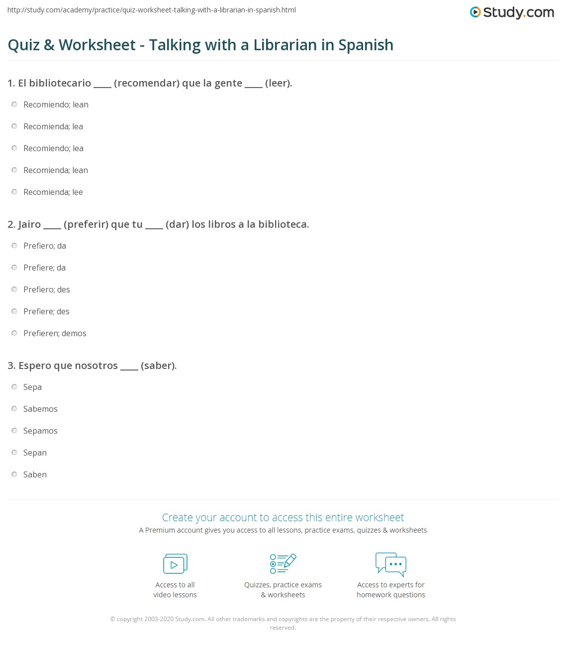 Quiz & Worksheet - Talking with a Librarian in Spanish | Study.com