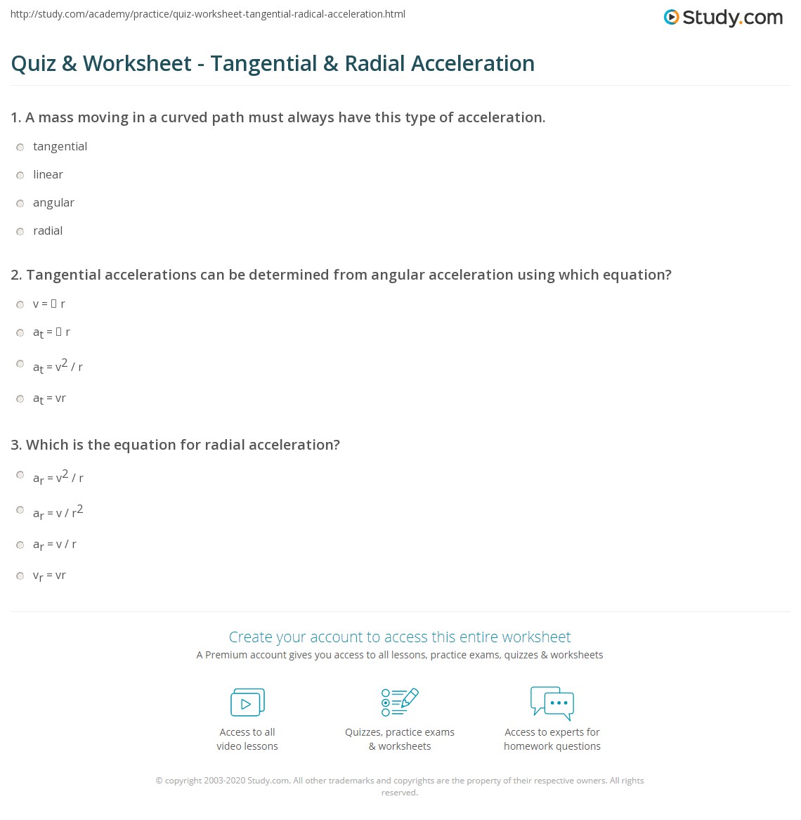 Quiz & Worksheet - Tangential & Radial Acceleration | Study.com