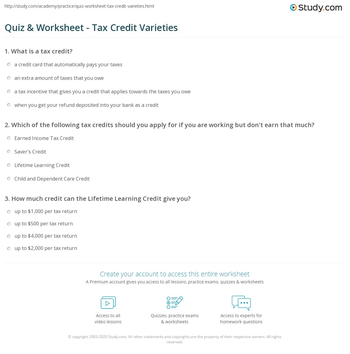 Quiz & Worksheet - Tax Credit Varieties | Study.com