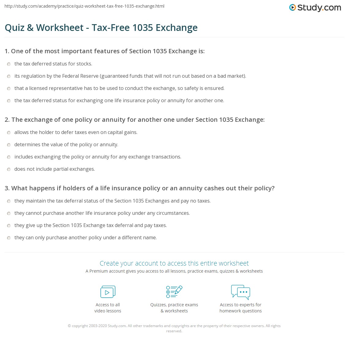 Quiz & Worksheet - Tax-Free 1035 Exchange | Study.com