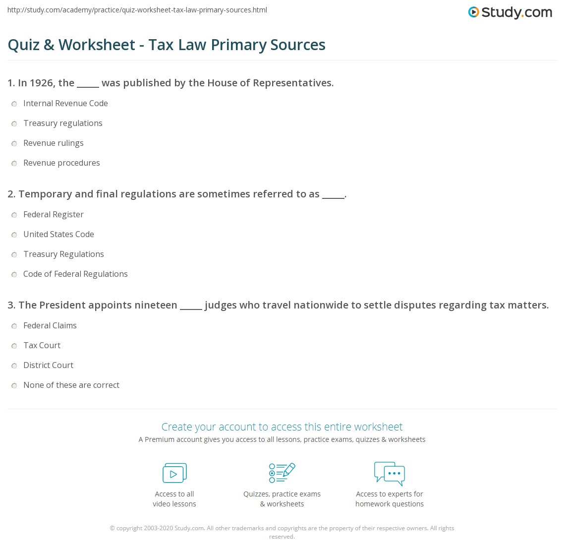 Quiz & Worksheet - Tax Law Primary Sources | Study.com