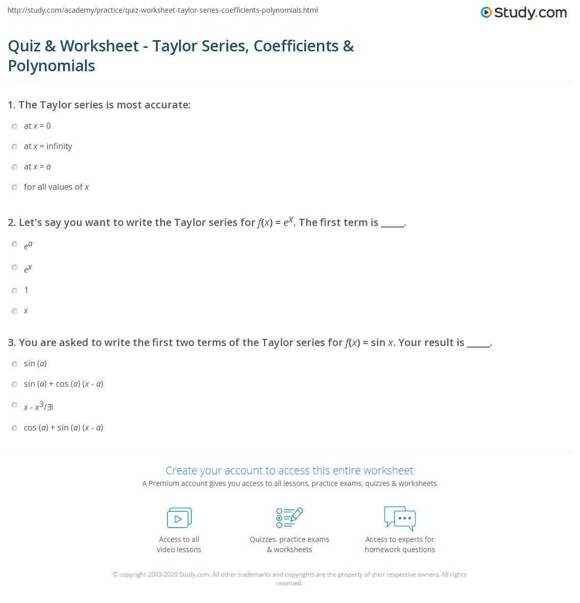 Quiz & Worksheet - Taylor Series, Coefficients & Polynomials | Study.com