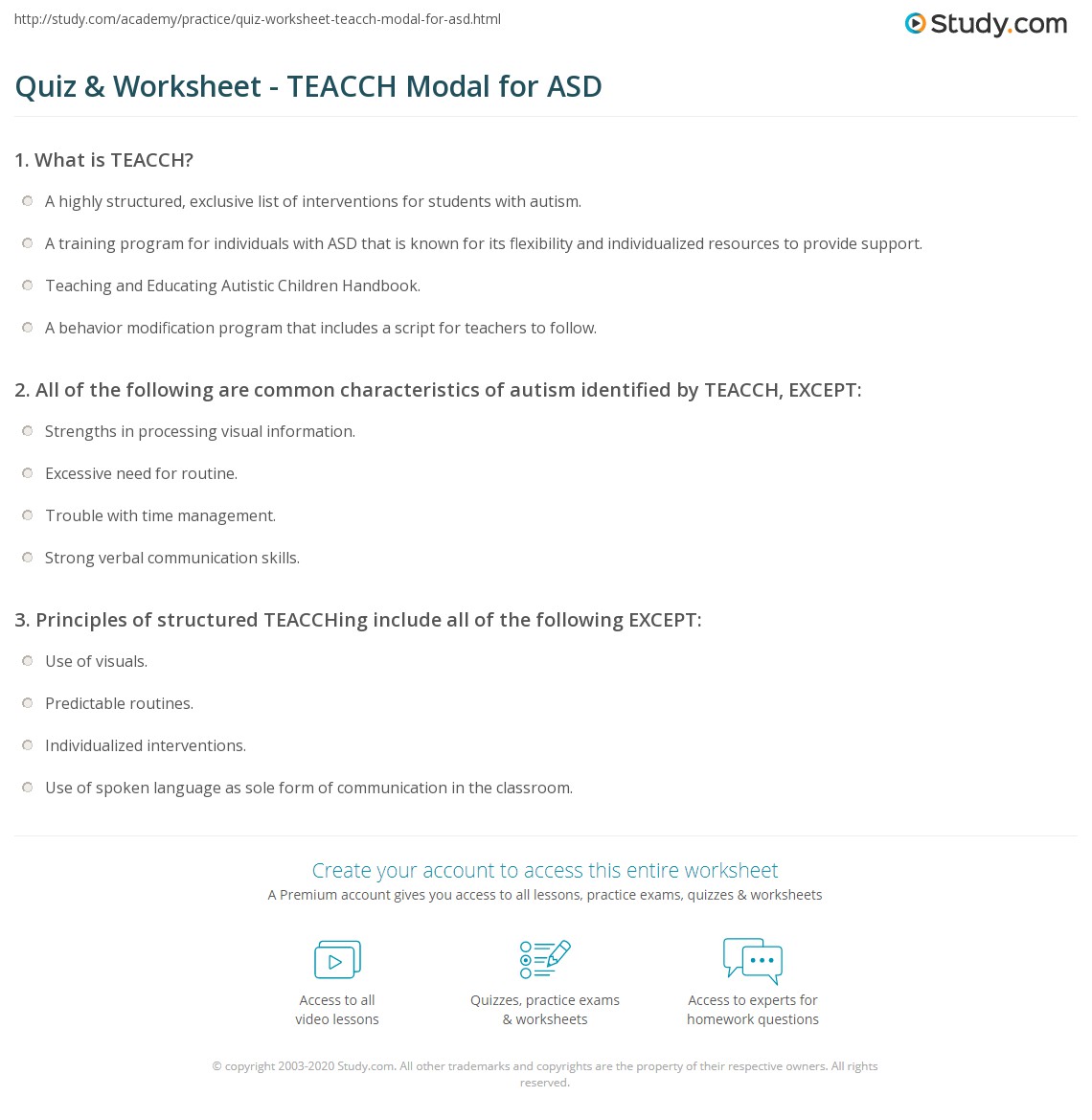 Quiz & Worksheet - TEACCH Modal for ASD | Study.com