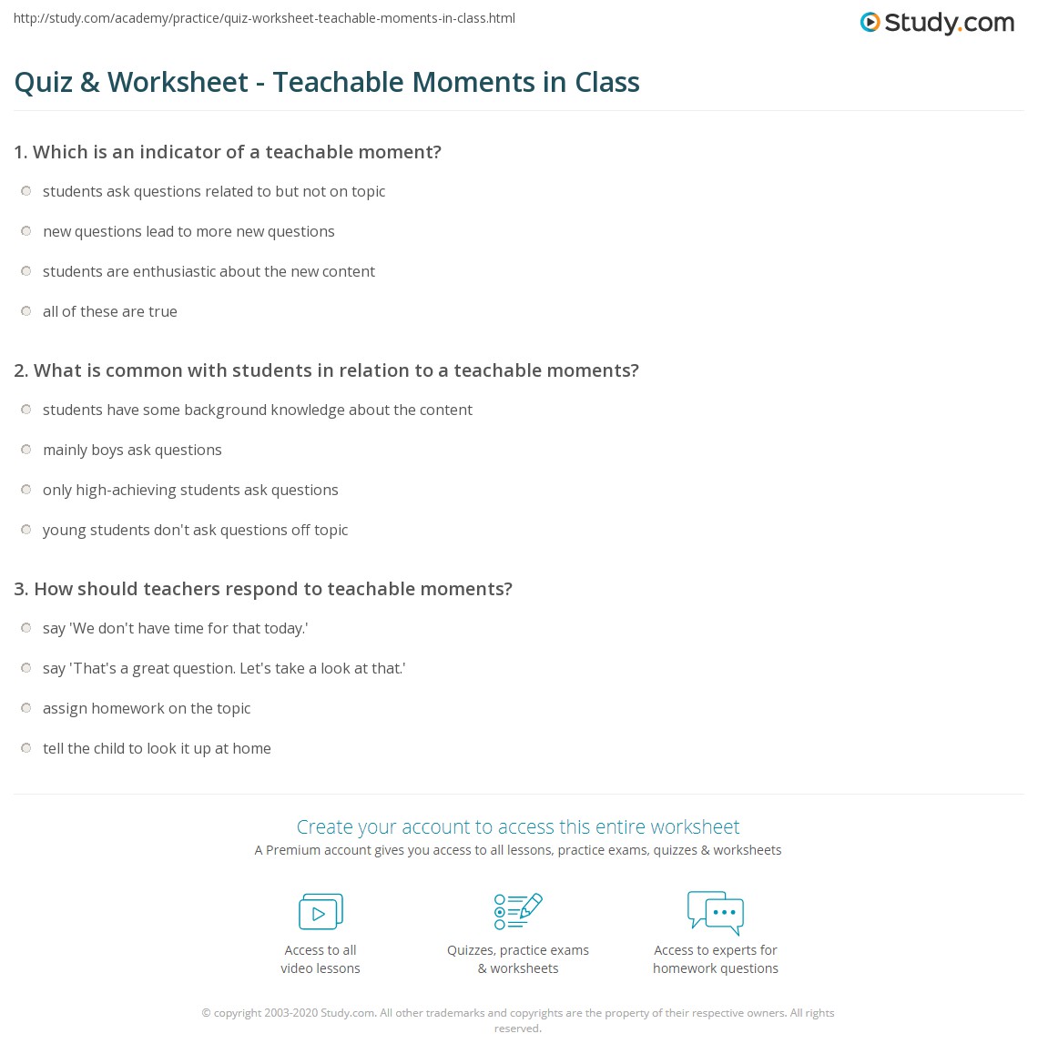 Quiz & Worksheet - Teachable Moments in Class | Study.com