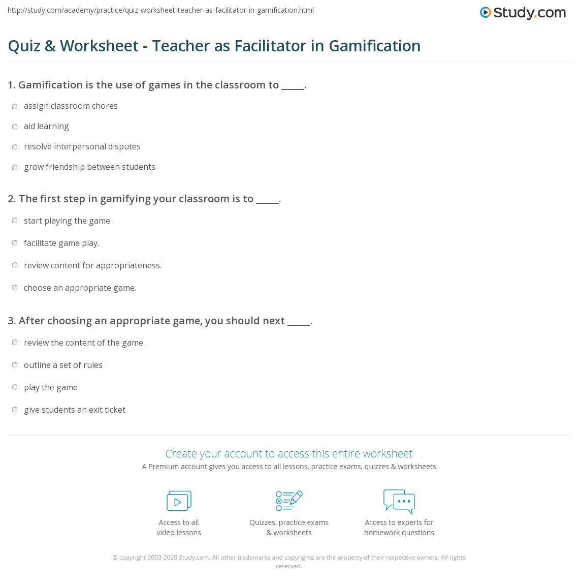 Quiz & Worksheet - Teacher as Facilitator in Gamification | Study.com