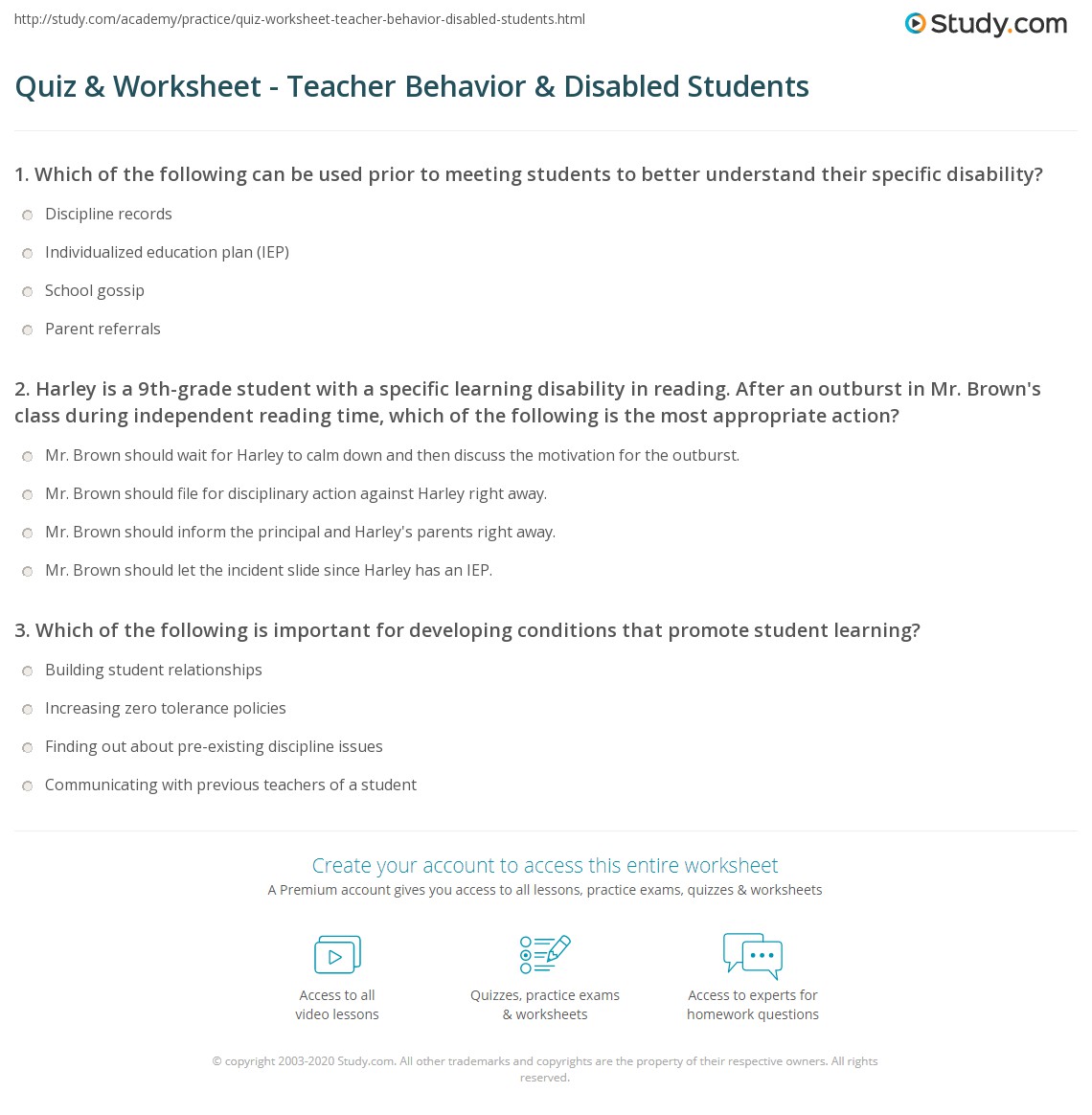 Quiz & Worksheet - Teacher Behavior & Disabled Students | Study.com