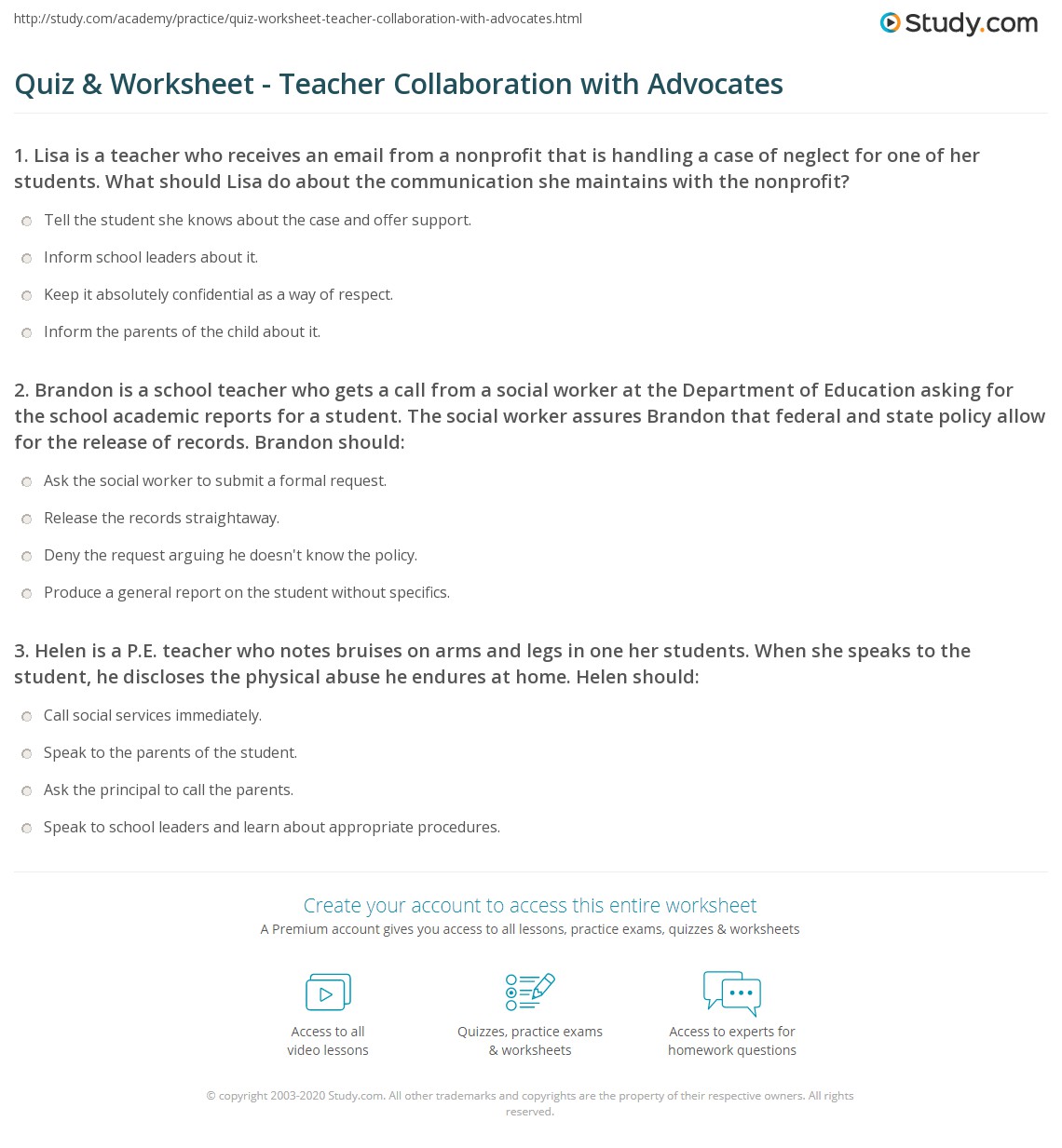 Quiz & Worksheet - Teacher Collaboration with Advocates | Study.com