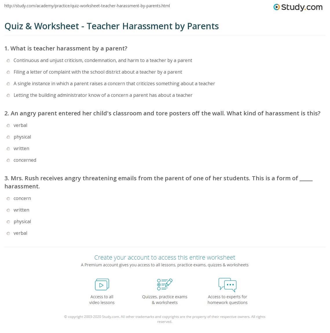 Quiz & Worksheet - Teacher Harassment by Parents | Study.com