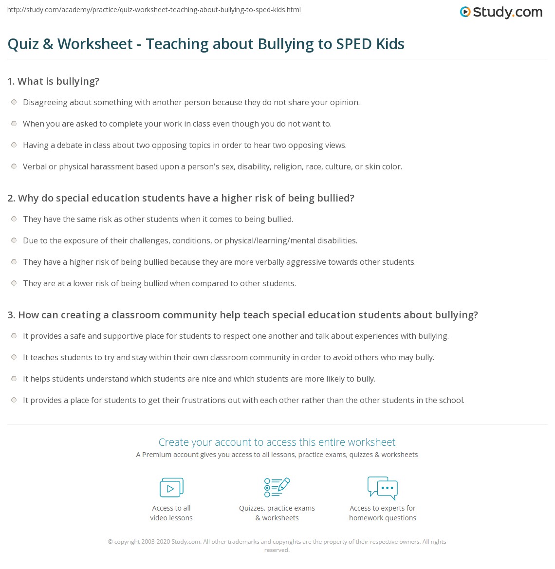 Quiz & Worksheet - Teaching about Bullying to SPED Kids | Study.com
