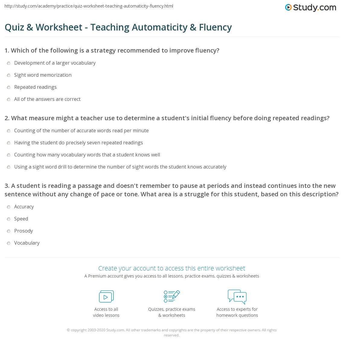 Quiz & Worksheet - Teaching Automaticity & Fluency | Study.com