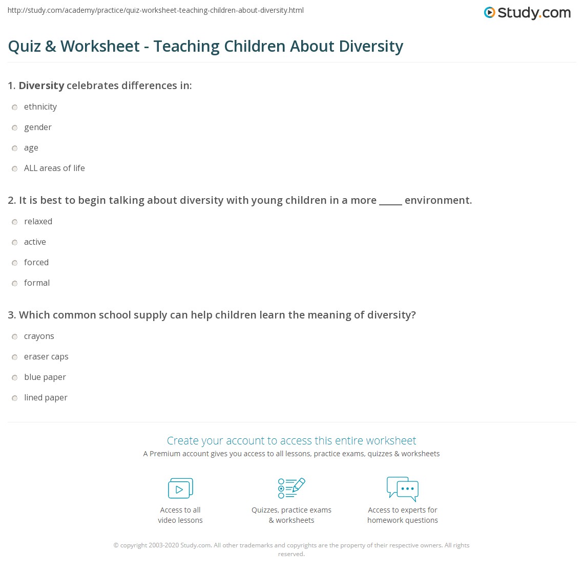 Quiz & Worksheet - Teaching Children About Diversity | Study.com