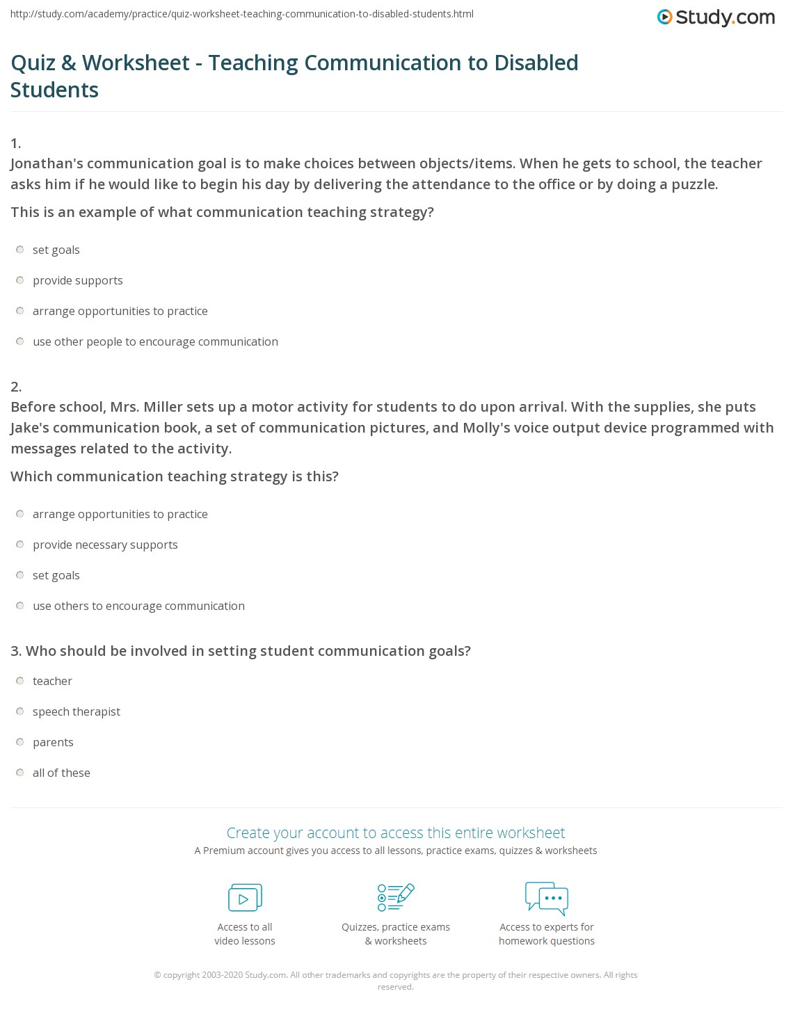 Quiz Worksheet Teaching Communication To Disabled Students Study
