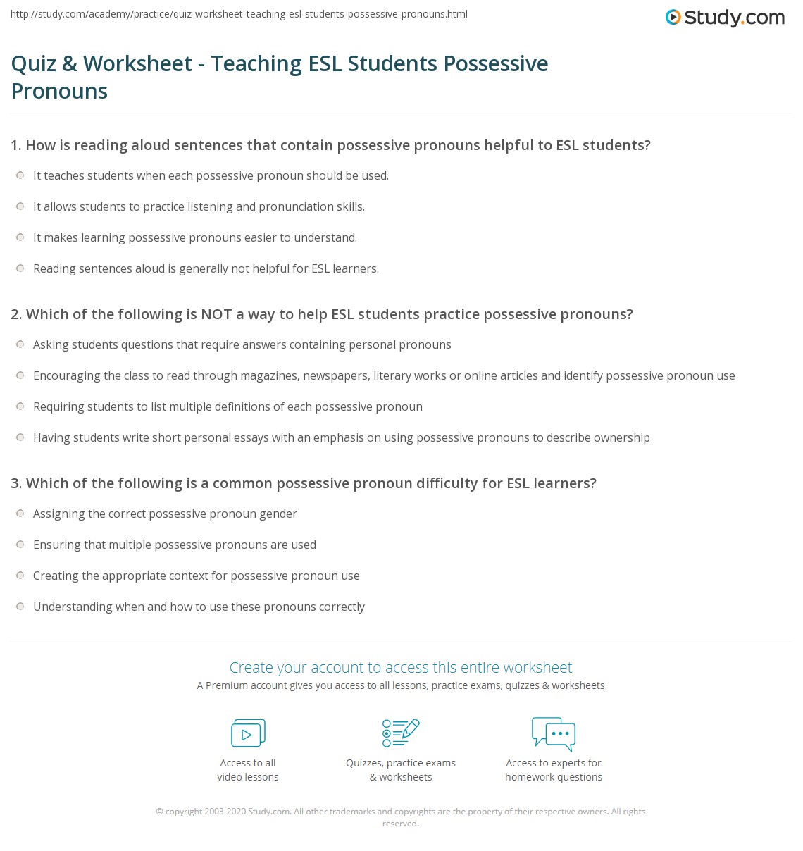 Quiz & Worksheet - Teaching ESL Students Possessive Pronouns | Study.com