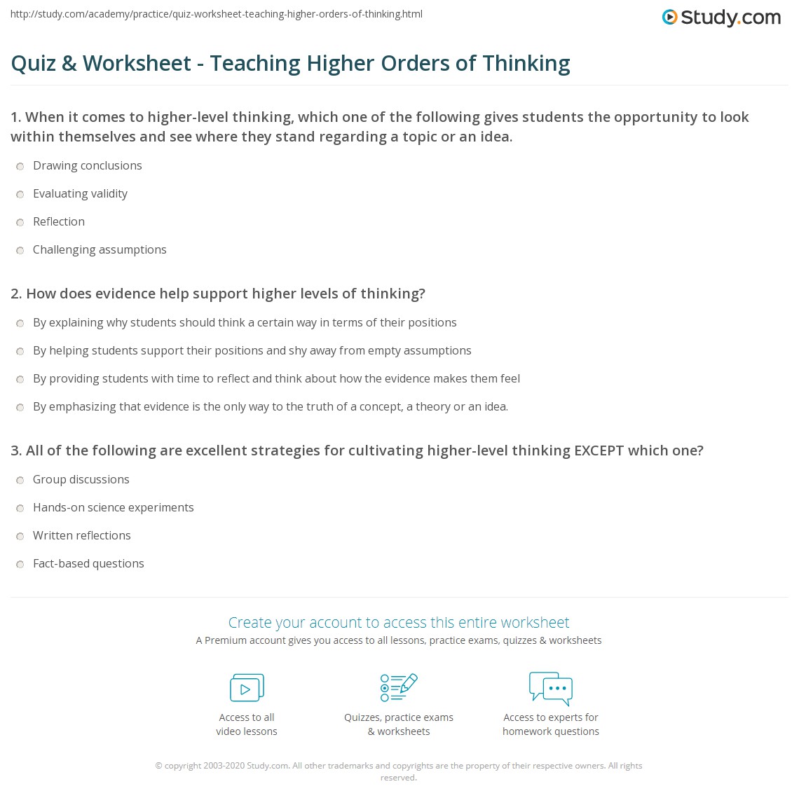 Quiz & Worksheet - Teaching Higher Orders of Thinking | Study.com