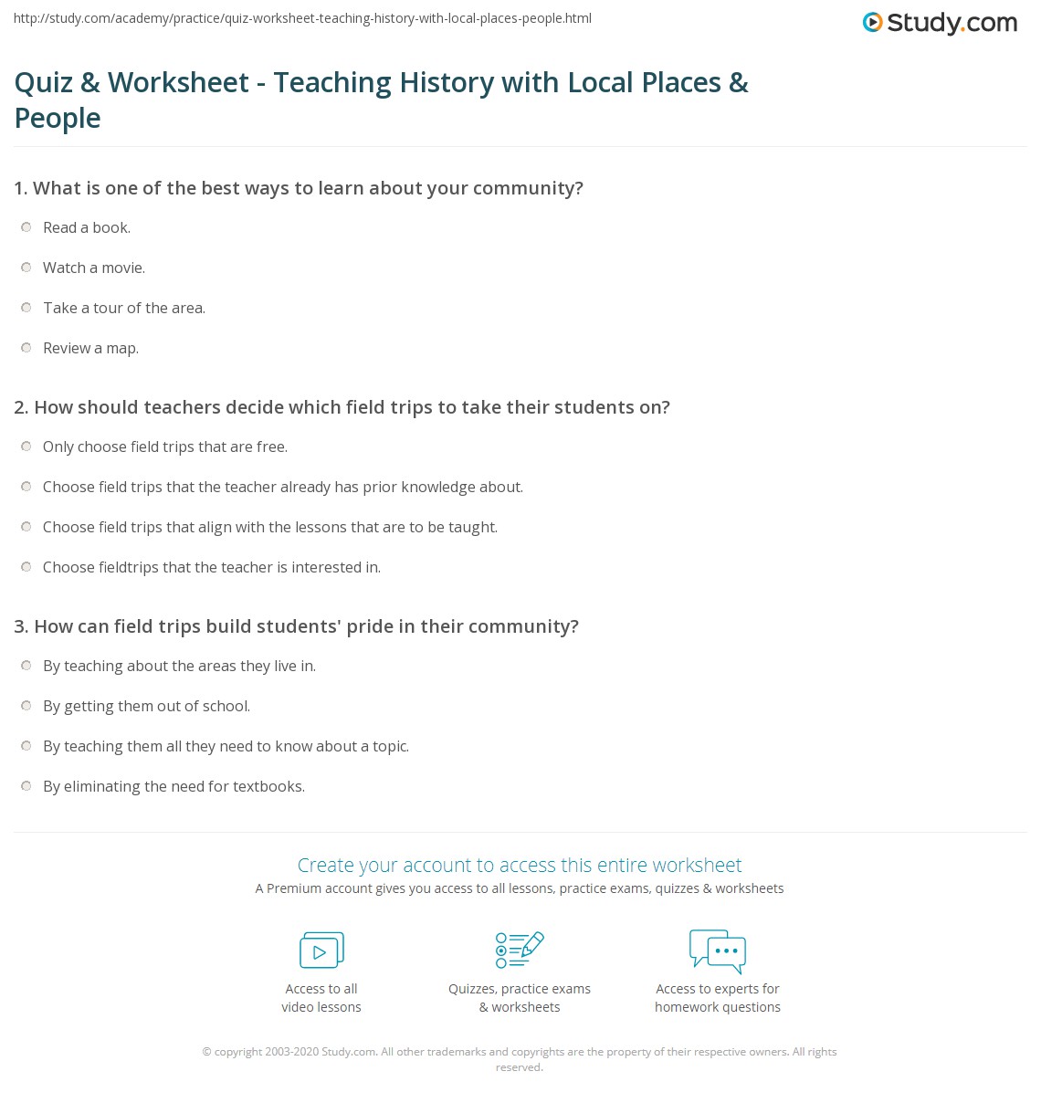 Quiz & Worksheet - Teaching History with Local Places & People | Study.com
