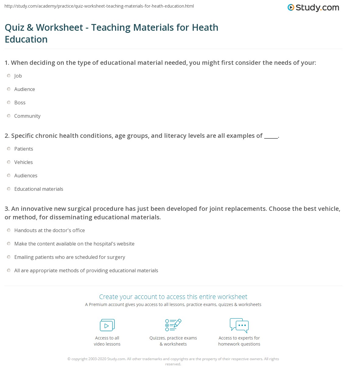 Quiz & Worksheet - Teaching Materials for Heath Education | Study.com