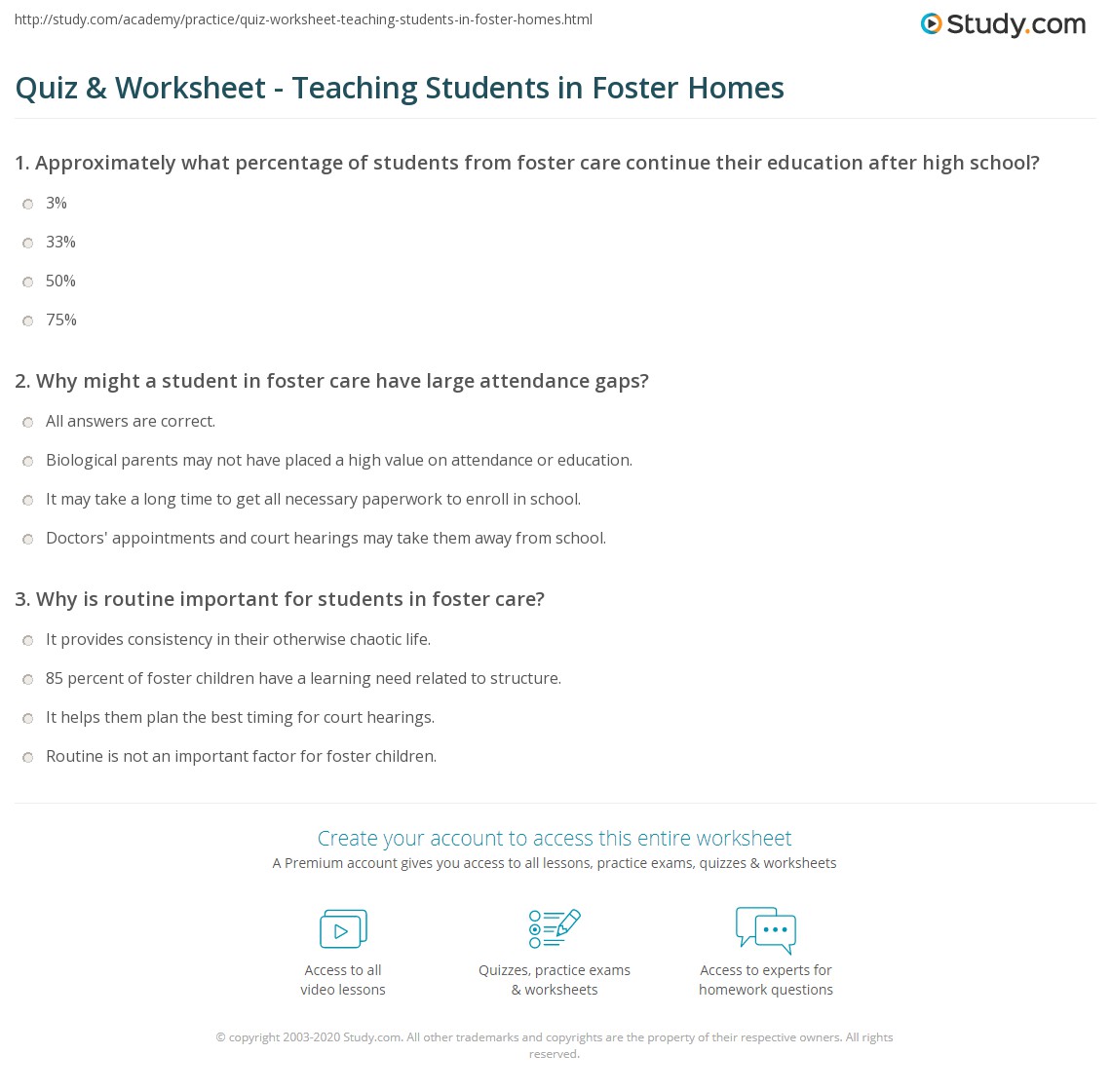 Quiz & Worksheet - Teaching Students in Foster Homes | Study.com