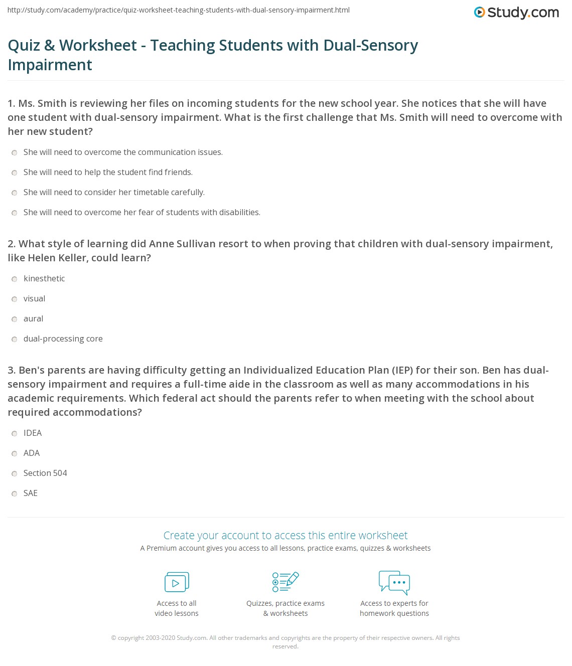 Quiz & Worksheet - Teaching Students with Dual-Sensory Impairment ...