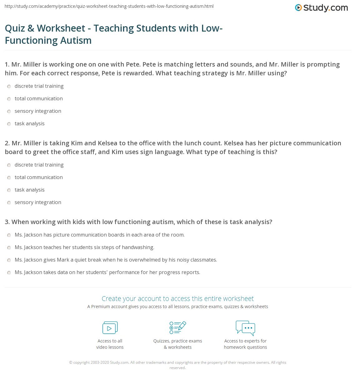 Quiz & Worksheet - Teaching Students with Low-Functioning Autism ...