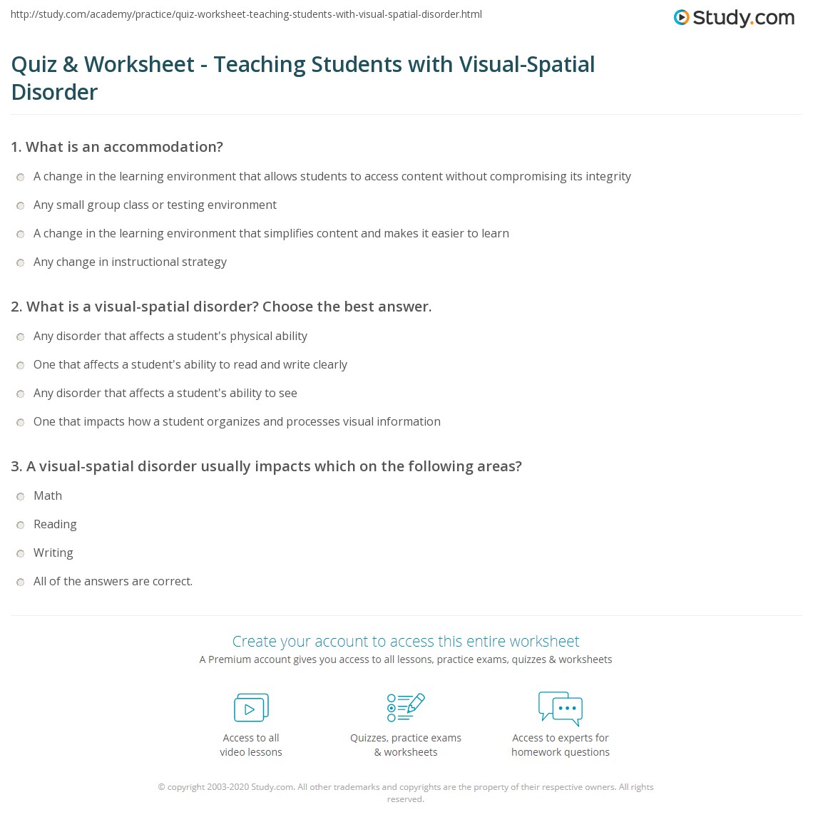Quiz Worksheet Teaching Students With Visual Spatial Disorder