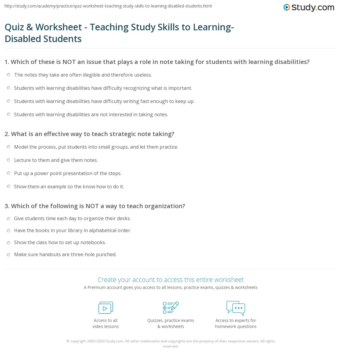 Quiz & Worksheet - Teaching Study Skills to Learning-Disabled Students ...