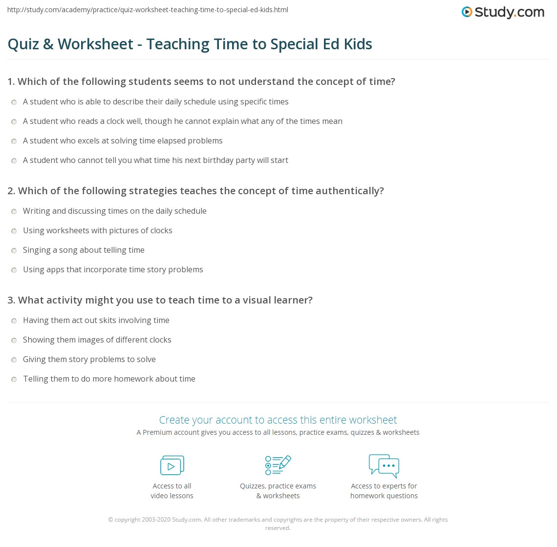 Quiz & Worksheet - Teaching Time to Special Ed Kids | Study.com