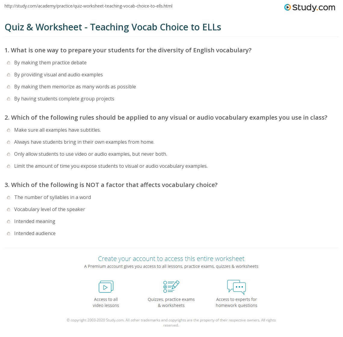 Quiz & Worksheet - Teaching Vocab Choice to ELLs | Study.com