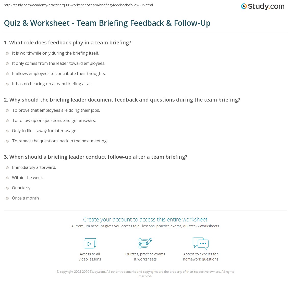Quiz & Worksheet - Team Briefing Feedback & Follow-Up | Study.com