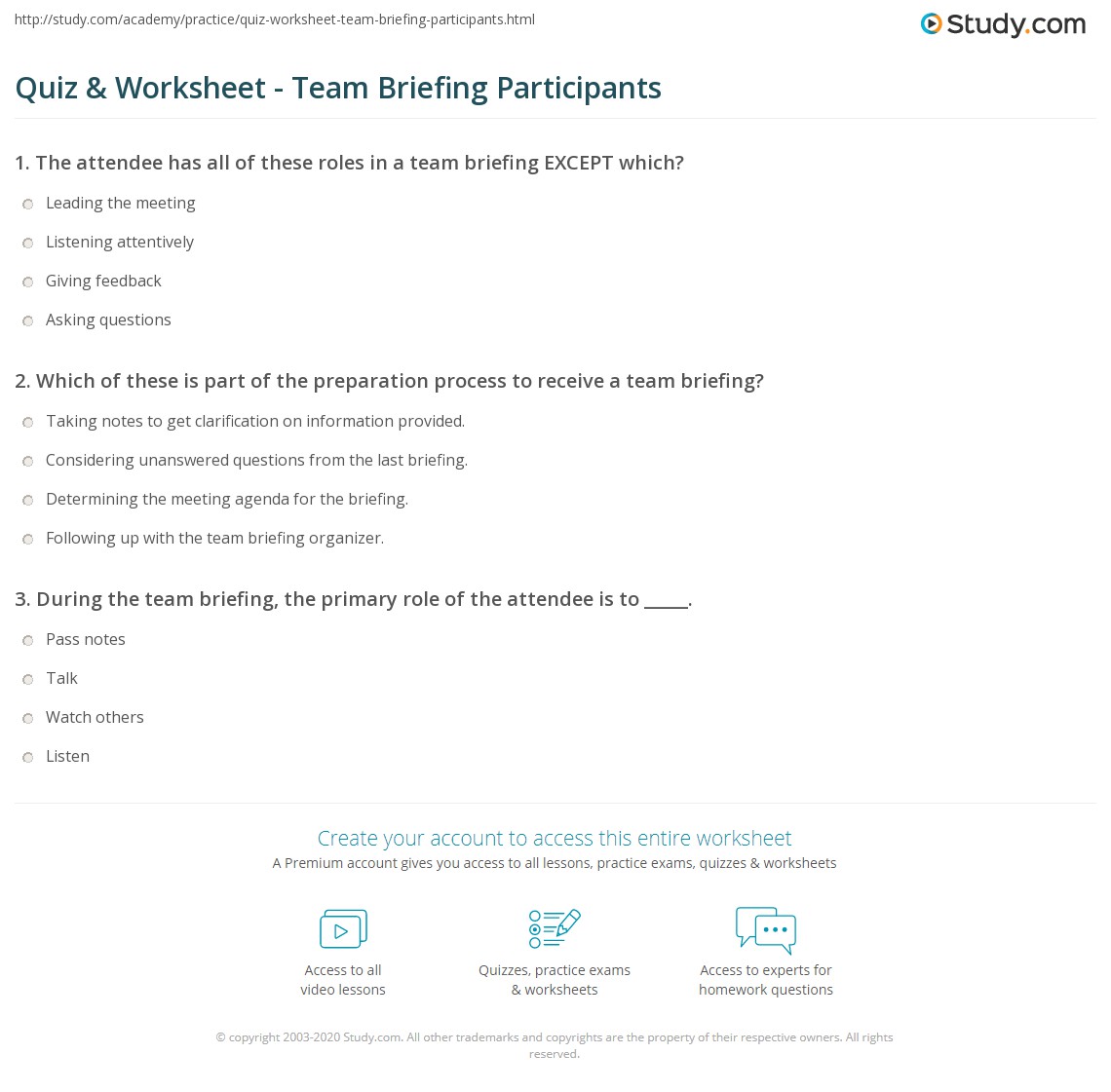 Quiz & Worksheet - Team Briefing Participants | Study.com