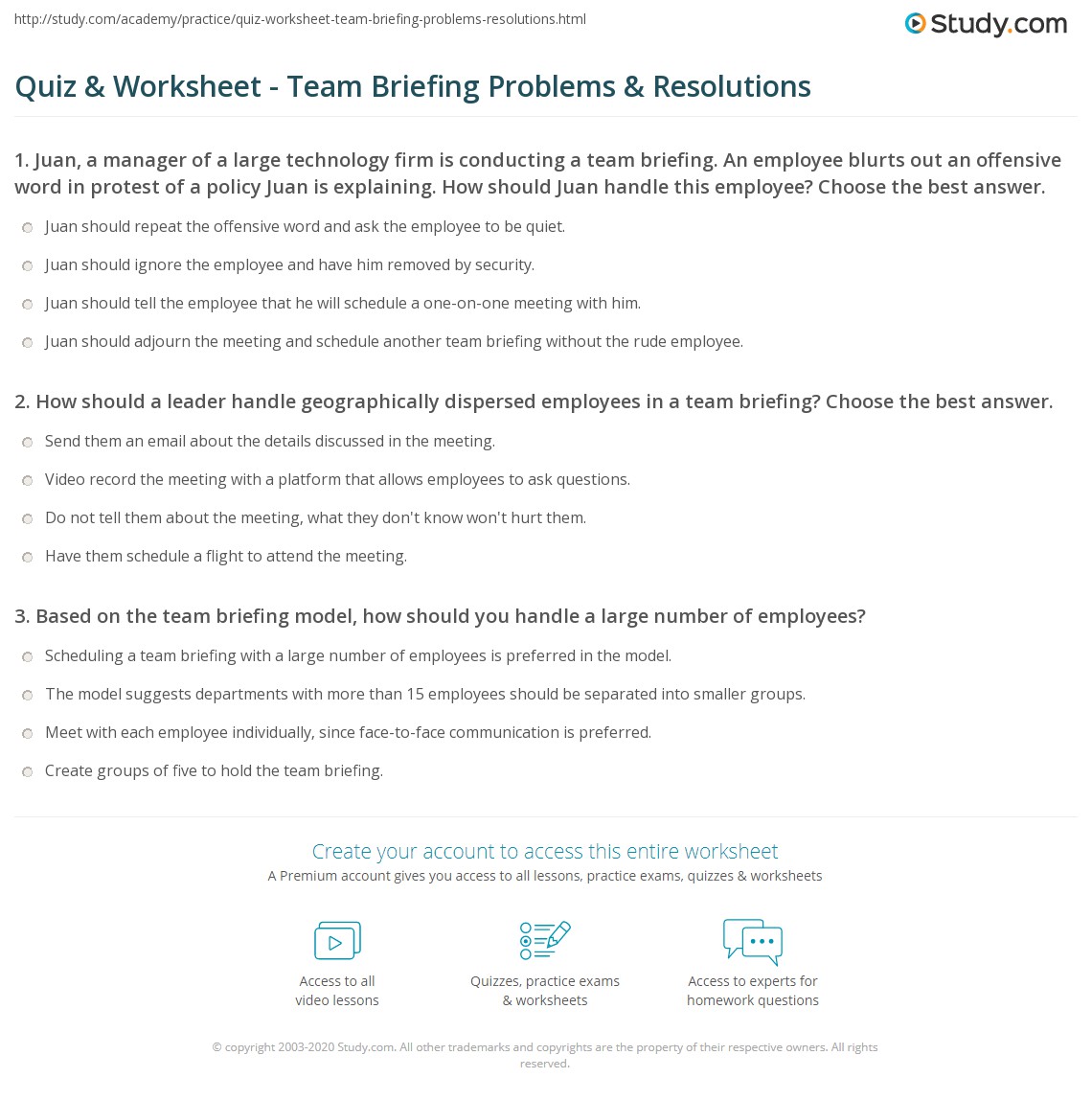 Quiz & Worksheet - Team Briefing Problems & Resolutions | Study.com