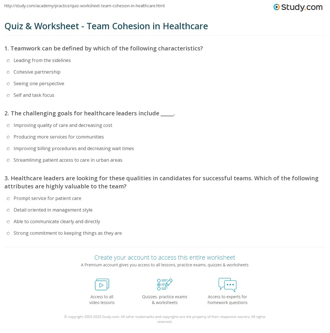 Quiz & Worksheet - Team Cohesion in Healthcare | Study.com