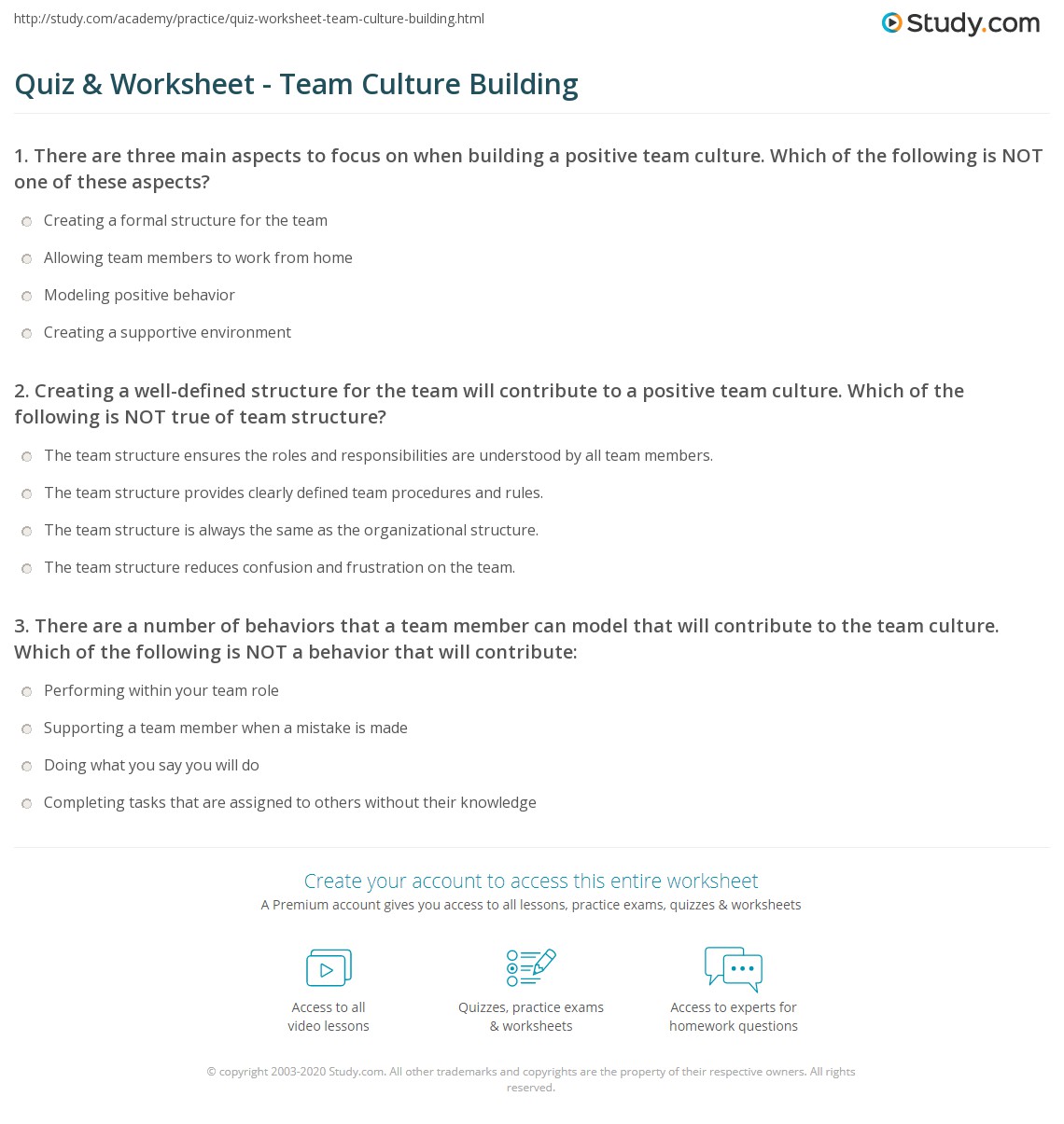 Quiz & Worksheet - Team Culture Building | Study.com