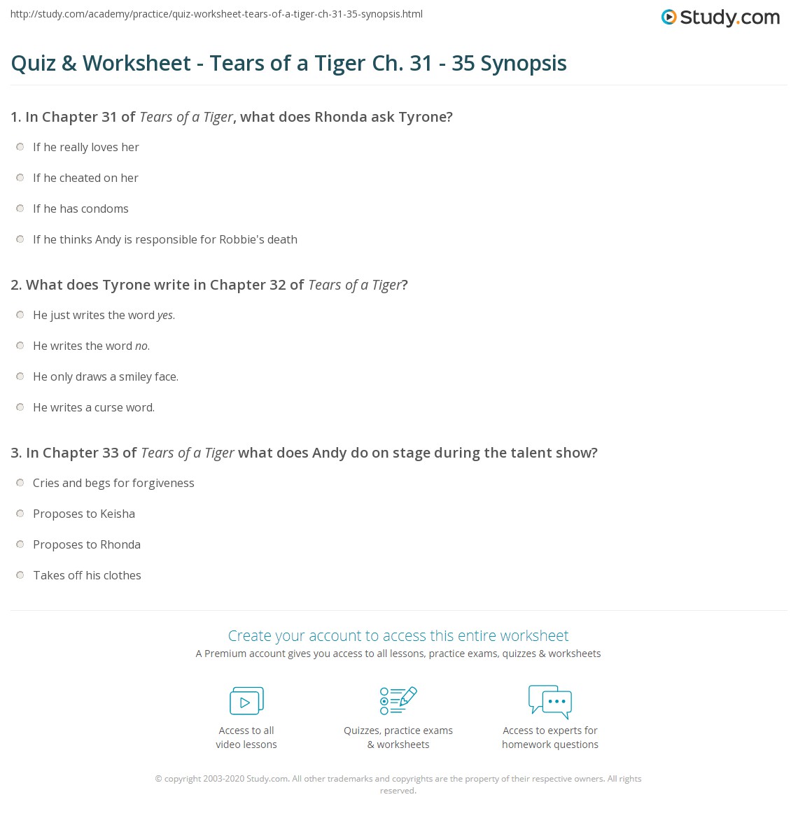 Quiz & Worksheet - Tears of a Tiger Ch. 31 - 35 Synopsis | Study.com