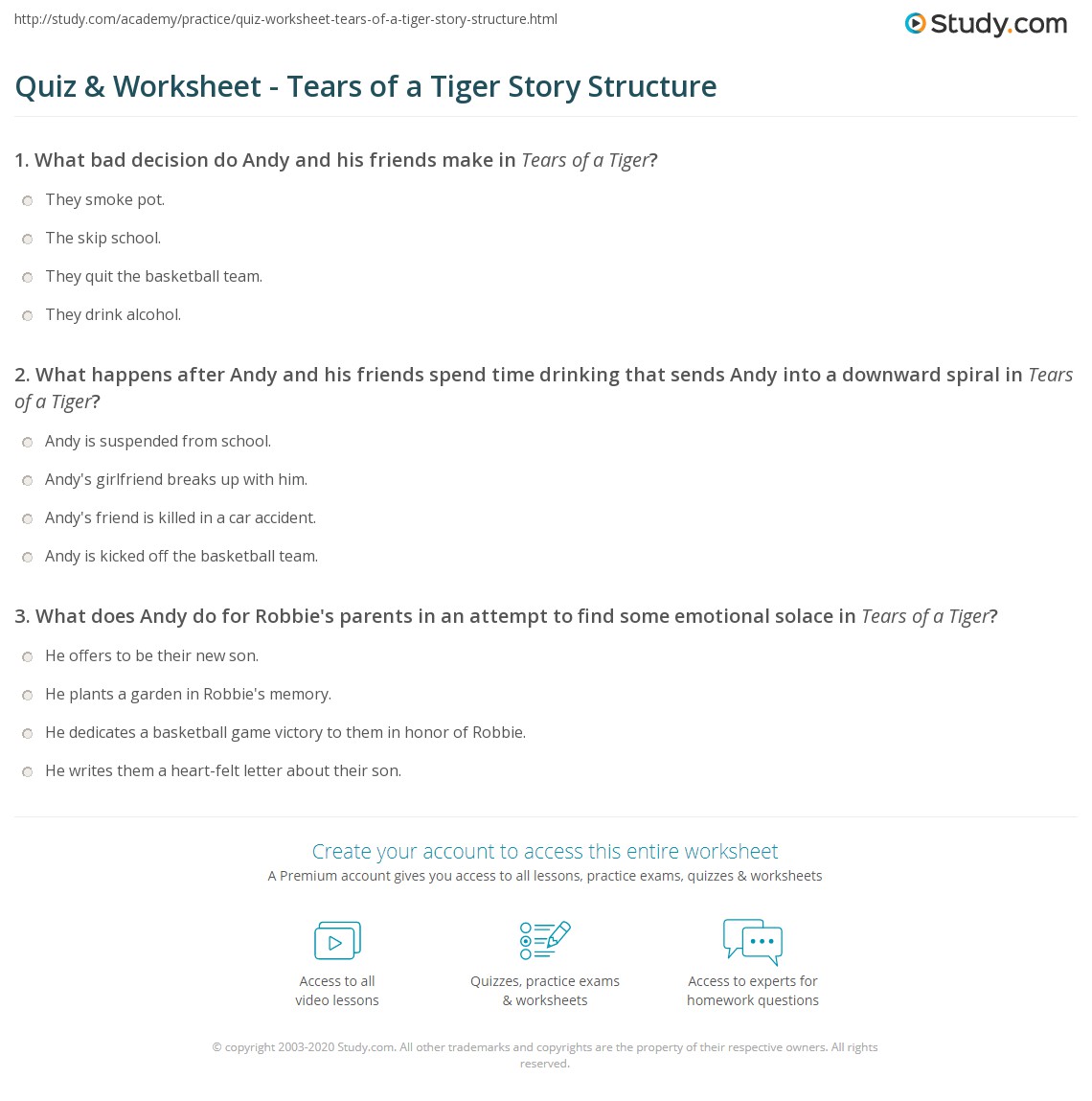 Quiz & Worksheet - Tears of a Tiger Story Structure | Study.com