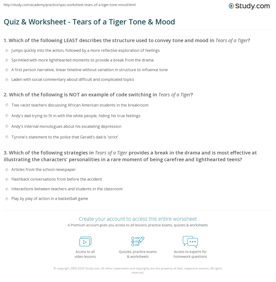 Quiz & Worksheet - Tears of a Tiger Tone & Mood | Study.com
