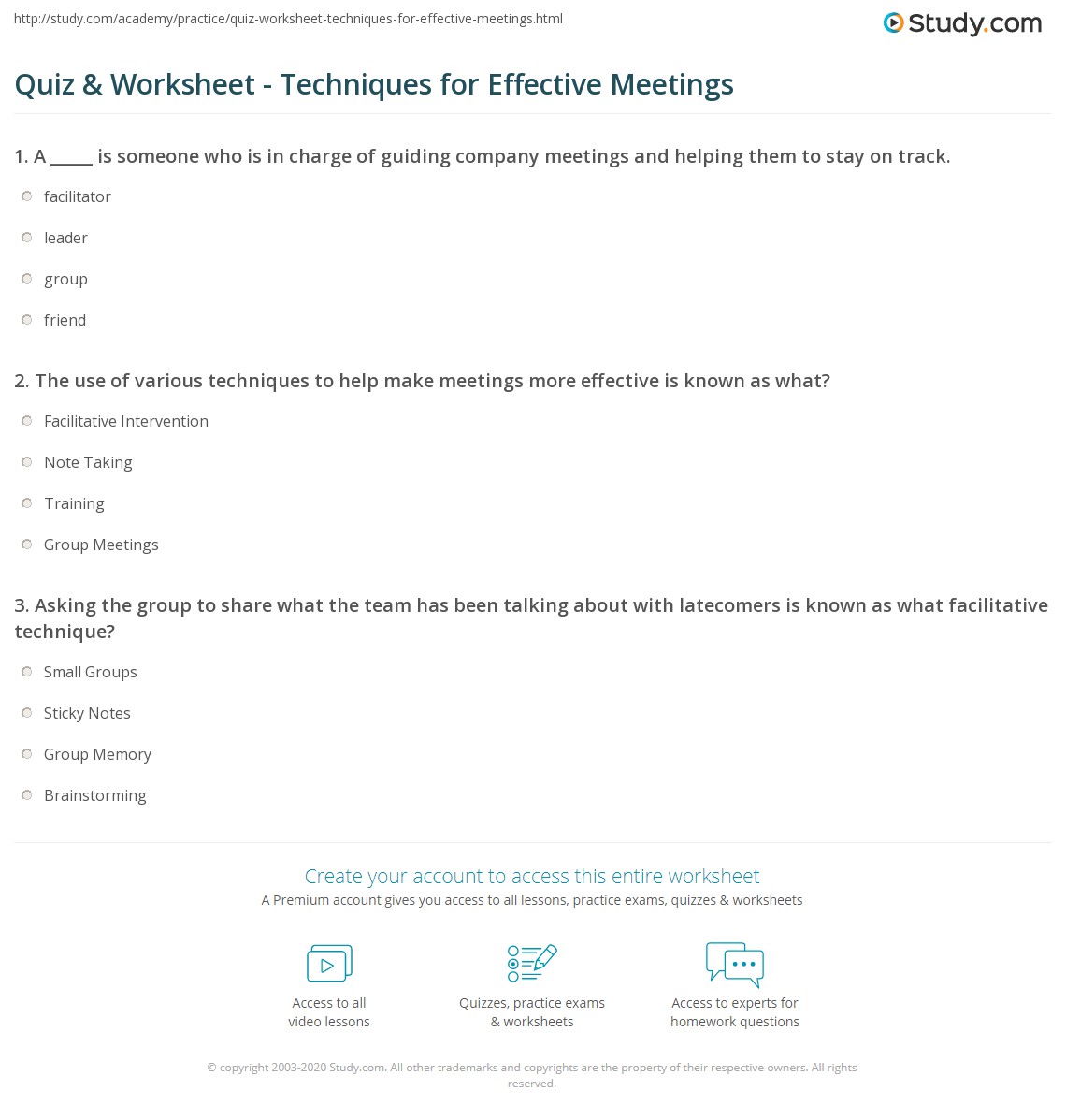 Quiz & Worksheet - Techniques for Effective Meetings | Study.com