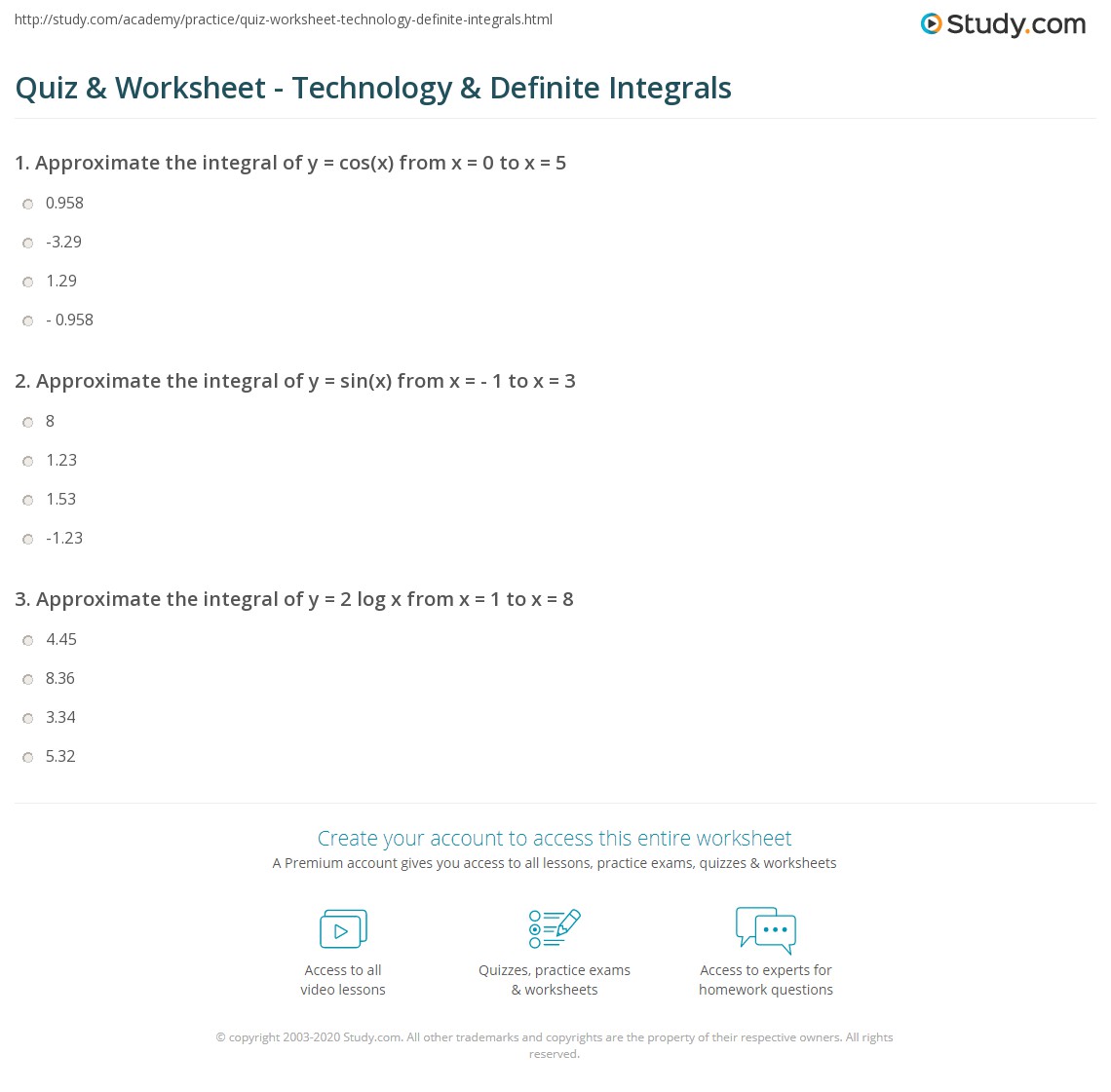 Quiz & Worksheet - Technology & Definite Integrals | Study.com