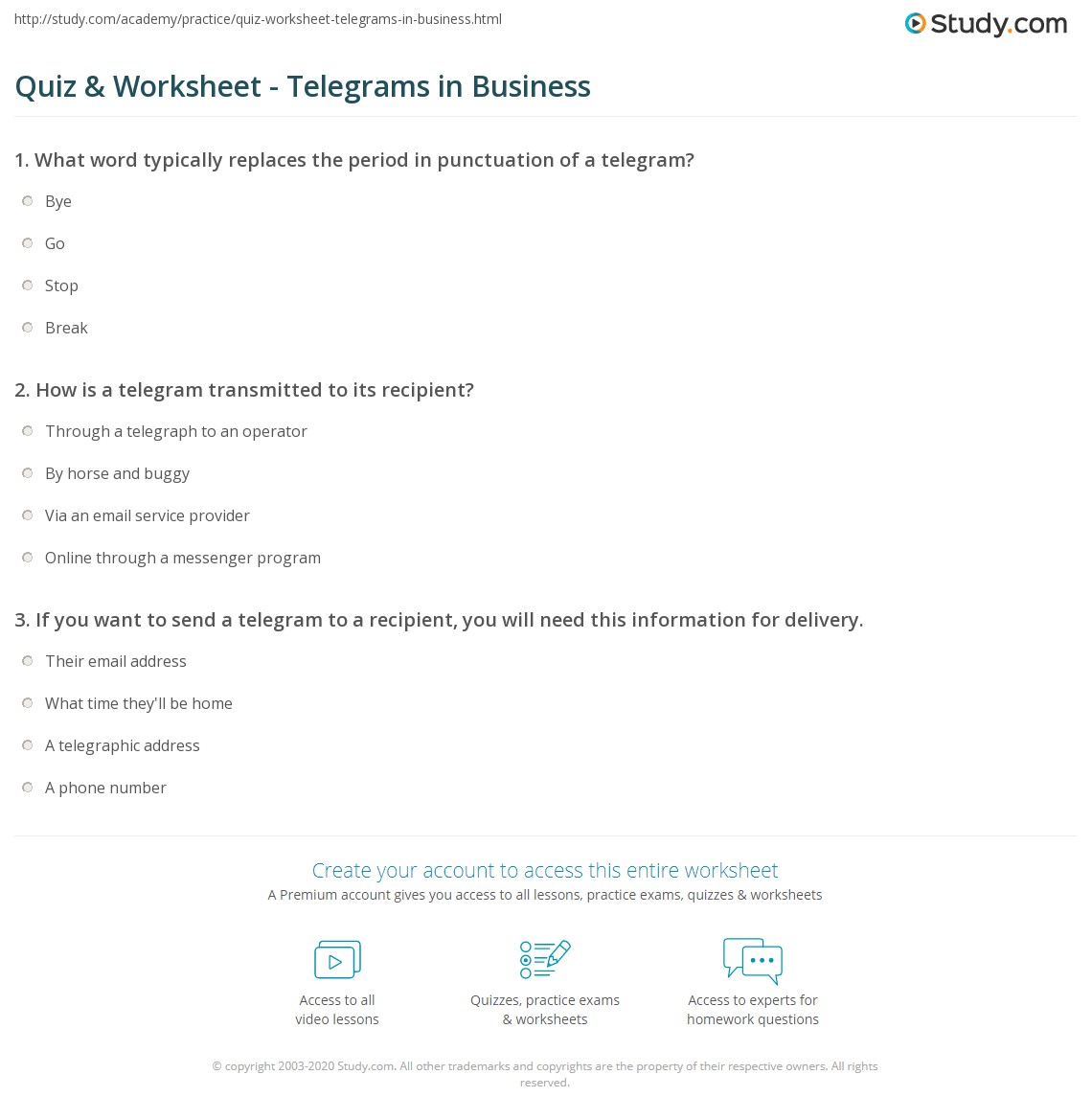 Quiz & Worksheet - Telegrams in Business | Study.com