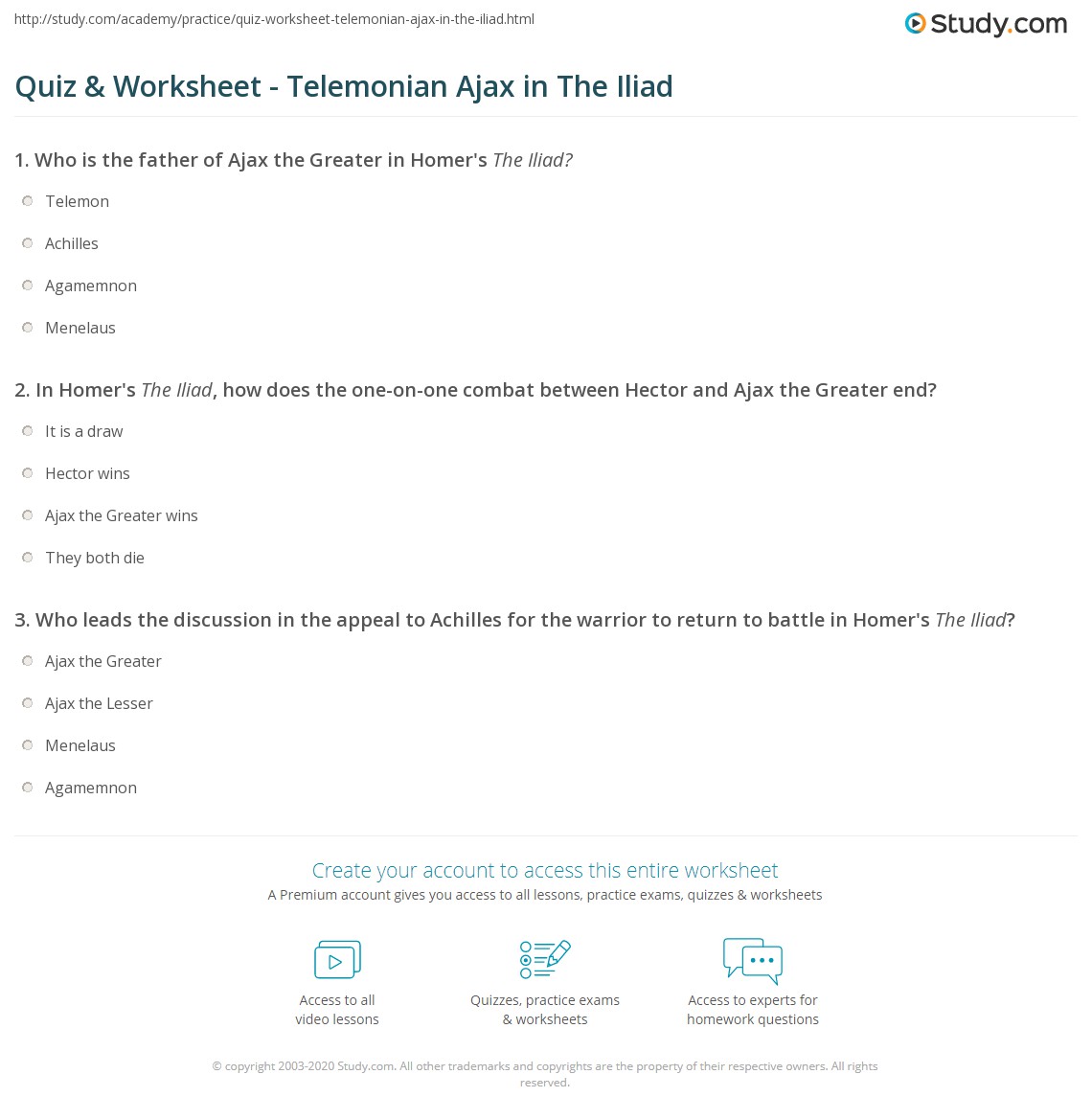 Quiz & Worksheet - Telemonian Ajax in The Iliad | Study.com
