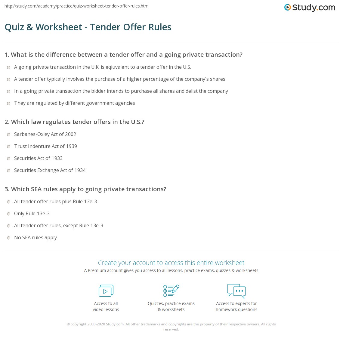 Quiz & Worksheet - Tender Offer Rules | Study.com