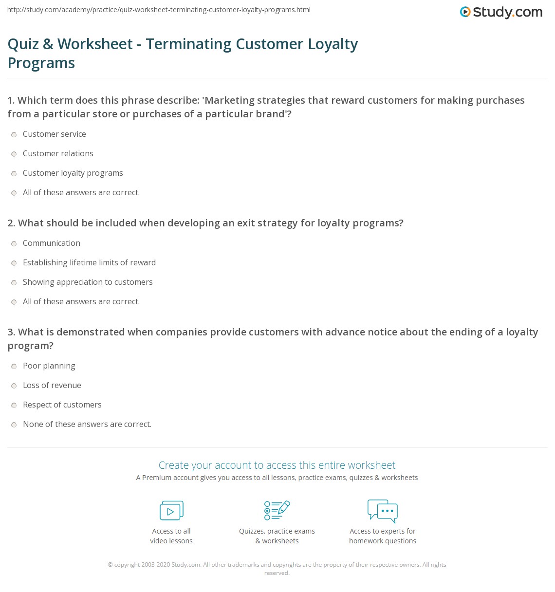 Quiz & Worksheet - Terminating Customer Loyalty Programs | Study.com