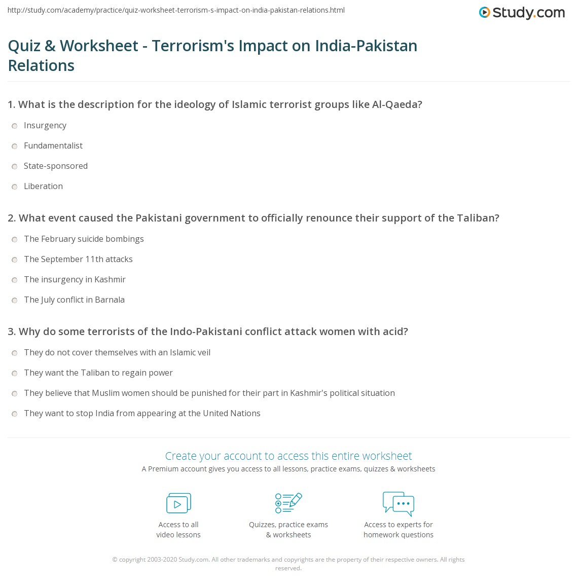 Quiz & Worksheet - Terrorism's Impact on India-Pakistan Relations ...